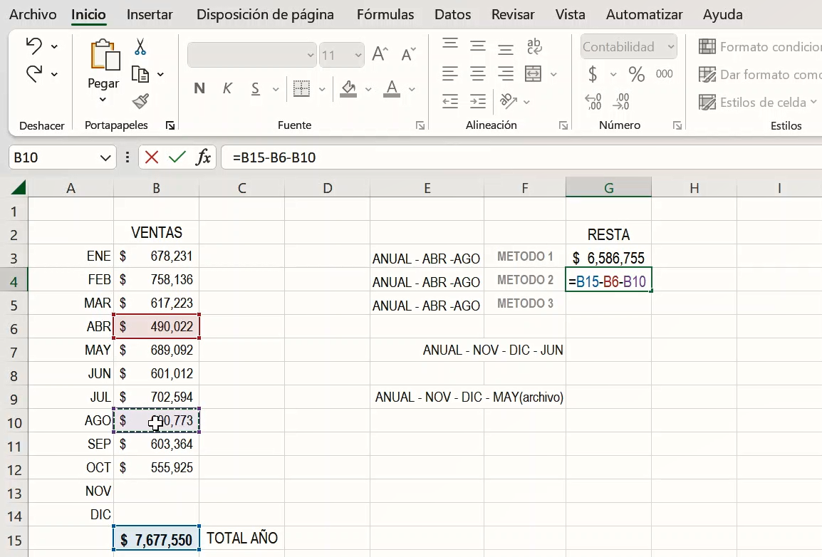 Restar en Excel - FORMULA